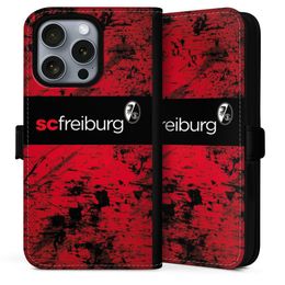 DeinDesign iPhone 16 Pro Max Handy Klapph&uuml;lle Handyh&uuml;lle aus Kunst Leder schwarz Flip Case Official Licensed Product Sc Freiburg Logo Sideflip mit Lasche