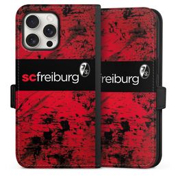 DeinDesign iPhone 15 Pro Max Handy Klapph&uuml;lle Handyh&uuml;lle aus Kunst Leder schwarz Flip Case Official Licensed Product Sc Freiburg Logo Sideflip mit Lasche