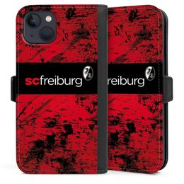 DeinDesign iPhone 13 Handy Klapph&uuml;lle Handyh&uuml;lle aus Kunst Leder schwarz Flip Case Official Licensed Product Sc Freiburg Logo Sideflip mit Lasche