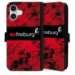 DeinDesign iPhone 16 Plus Handy Klapph&uuml;lle Handyh&uuml;lle aus Kunst Leder schwarz Flip Case Official Licensed Product Sc Freiburg Logo Sideflip mit Lasche
