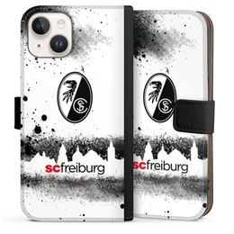 DeinDesign iPhone 14 Handy Klapph&uuml;lle Handyh&uuml;lle aus Kunst Leder schwarz Flip Case Skyline Sc Freiburg Logo Sideflip mit Lasche