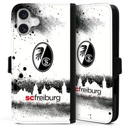 DeinDesign iPhone 16 Plus Handy Klapph&uuml;lle Handyh&uuml;lle aus Kunst Leder schwarz Flip Case Skyline Sc Freiburg Logo Sideflip mit Lasche