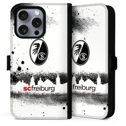 DeinDesign iPhone 16 Pro Max Handy Klapph&uuml;lle Handyh&uuml;lle aus Kunst Leder schwarz Flip Case Skyline Sc Freiburg Logo Sideflip mit Lasche