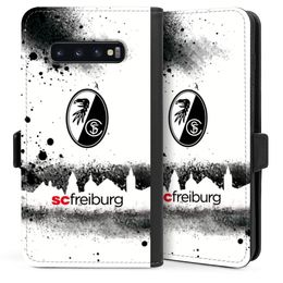 DeinDesign Galaxy S10 Plus Handy Klapph&uuml;lle Handyh&uuml;lle aus Kunst Leder schwarz Flip Case Skyline Sc Freiburg Logo Sideflip mit Lasche