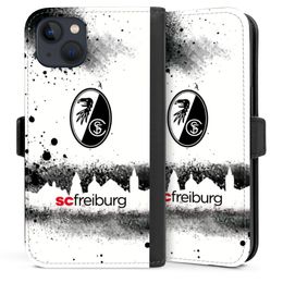DeinDesign iPhone 13 Handy Klapph&uuml;lle Handyh&uuml;lle aus Kunst Leder schwarz Flip Case Skyline Sc Freiburg Logo Sideflip mit Lasche