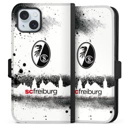 DeinDesign iPhone 15 Handy Klapph&uuml;lle Handyh&uuml;lle aus Kunst Leder schwarz Flip Case Skyline Sc Freiburg Logo Sideflip mit Lasche