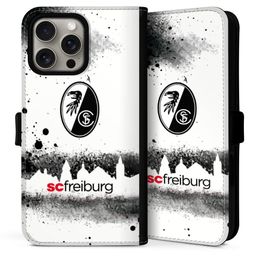 DeinDesign iPhone 16 Pro Handy Klapph&uuml;lle Handyh&uuml;lle aus Kunst Leder schwarz Flip Case Skyline Sc Freiburg Logo Sideflip mit Lasche
