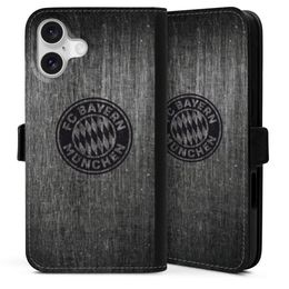 DeinDesign iPhone 16 Plus Handy Klapph&uuml;lle Handyh&uuml;lle aus Kunst Leder schwarz Flip Case Fcb Metallic Look Fc Bayern M&uuml;nchen Sideflip mit Lasche