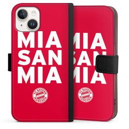DeinDesign iPhone 14 Handy Klapph&uuml;lle Handyh&uuml;lle aus Kunst Leder schwarz Flip Case Fcb Mia San Mia Fc Bayern M&uuml;nchen Sideflip mit Lasche