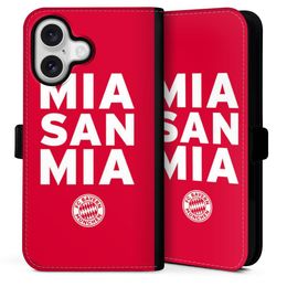 DeinDesign iPhone 16 Handy Klapph&uuml;lle Handyh&uuml;lle aus Kunst Leder schwarz Flip Case Fcb Mia San Mia Fc Bayern M&uuml;nchen Sideflip mit Lasche