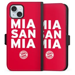 DeinDesign iPhone 15 Handy Klapph&uuml;lle Handyh&uuml;lle aus Kunst Leder schwarz Flip Case Fcb Mia San Mia Fc Bayern M&uuml;nchen Sideflip mit Lasche