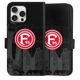DeinDesign iPhone 15 Pro Max Handy Klapph&uuml;lle Handyh&uuml;lle aus Kunst Leder schwarz Flip Case Official Licensed Product Logo Fortuna D&uuml;sseldorf Sideflip mit Lasche