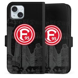 DeinDesign iPhone 15 Handy Klapph&uuml;lle Handyh&uuml;lle aus Kunst Leder schwarz Flip Case Official Licensed Product Logo Fortuna D&uuml;sseldorf Sideflip mit Lasche