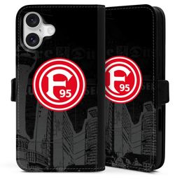 DeinDesign iPhone 16 Plus Handy Klapph&uuml;lle Handyh&uuml;lle aus Kunst Leder schwarz Flip Case Official Licensed Product Logo Fortuna D&uuml;sseldorf Sideflip mit Lasche
