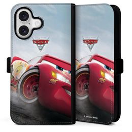 DeinDesign iPhone 16 Handy Klapph&uuml;lle Handyh&uuml;lle aus Kunst Leder schwarz Flip Case Lightning Mcqueen 95 Official Licensed Product Cars Sideflip mit Lasche