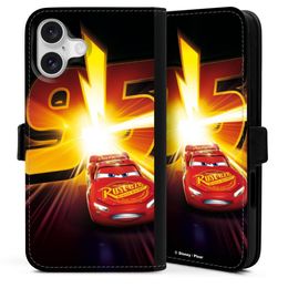 DeinDesign iPhone 16 Plus Handy Klapph&uuml;lle Handyh&uuml;lle aus Kunst Leder schwarz Flip Case Official Licensed Product Cars Lightning Mcqueen 95 Sideflip mit Lasche