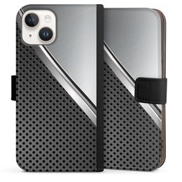DeinDesign iPhone 14 Handy Klapph&uuml;lle Handyh&uuml;lle aus Kunst Leder schwarz Flip Case Steel Metall Carbon Sideflip mit Lasche