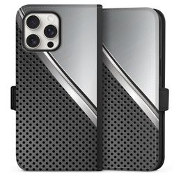 DeinDesign iPhone 15 Pro Max Handy Klapph&uuml;lle Handyh&uuml;lle aus Kunst Leder schwarz Flip Case Steel Metall Carbon Sideflip mit Lasche