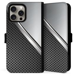DeinDesign iPhone 16 Pro Handy Klapph&uuml;lle Handyh&uuml;lle aus Kunst Leder schwarz Flip Case Steel Metall Carbon Sideflip mit Lasche