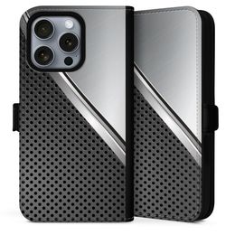 DeinDesign iPhone 16 Pro Max Handy Klapph&uuml;lle Handyh&uuml;lle aus Kunst Leder schwarz Flip Case Steel Metall Carbon Sideflip mit Lasche