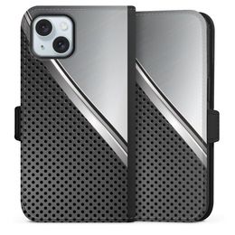 DeinDesign iPhone 15 Handy Klapph&uuml;lle Handyh&uuml;lle aus Kunst Leder schwarz Flip Case Steel Metall Carbon Sideflip mit Lasche