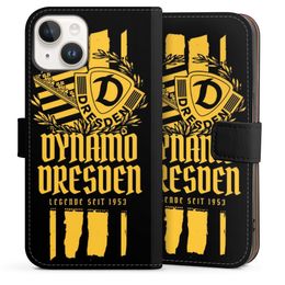 DeinDesign iPhone 14 Handy Klapph&uuml;lle Handyh&uuml;lle aus Kunst Leder schwarz Flip Case Sg Dynamo Dresden Statement Sgd Sideflip mit Lasche