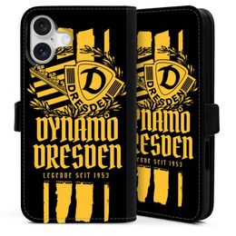 DeinDesign iPhone 16 Plus Handy Klapph&uuml;lle Handyh&uuml;lle aus Kunst Leder schwarz Flip Case Sg Dynamo Dresden Statement Sgd Sideflip mit Lasche