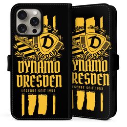 DeinDesign iPhone 16 Pro Handy Klapph&uuml;lle Handyh&uuml;lle aus Kunst Leder schwarz Flip Case Sg Dynamo Dresden Statement Sgd Sideflip mit Lasche