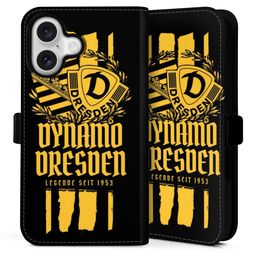 DeinDesign iPhone 16 Handy Klapph&uuml;lle Handyh&uuml;lle aus Kunst Leder schwarz Flip Case Sg Dynamo Dresden Statement Sgd Sideflip mit Lasche