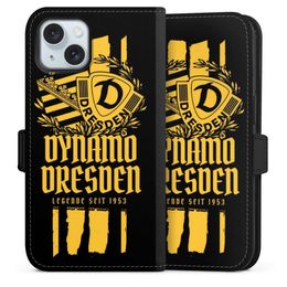 DeinDesign iPhone 15 Handy Klapph&uuml;lle Handyh&uuml;lle aus Kunst Leder schwarz Flip Case Sg Dynamo Dresden Statement Sgd Sideflip mit Lasche