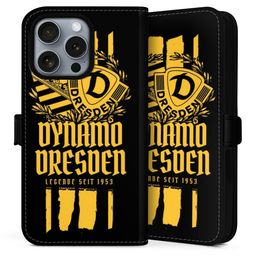 DeinDesign iPhone 16 Pro Max Handy Klapph&uuml;lle Handyh&uuml;lle aus Kunst Leder schwarz Flip Case Sg Dynamo Dresden Statement Sgd Sideflip mit Lasche