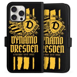 DeinDesign iPhone 15 Pro Max Handy Klapph&uuml;lle Handyh&uuml;lle aus Kunst Leder schwarz Flip Case Sg Dynamo Dresden Statement Sgd Sideflip mit Lasche