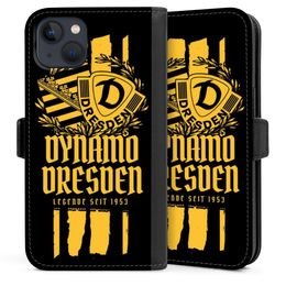 DeinDesign iPhone 13 Handy Klapph&uuml;lle Handyh&uuml;lle aus Kunst Leder schwarz Flip Case Sg Dynamo Dresden Statement Sgd Sideflip mit Lasche