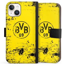 DeinDesign iPhone 14 Handy Klapph&uuml;lle Handyh&uuml;lle aus Kunst Leder schwarz Flip Case Bvb Official Licensed Product Borussia Dortmund Sideflip mit Lasche