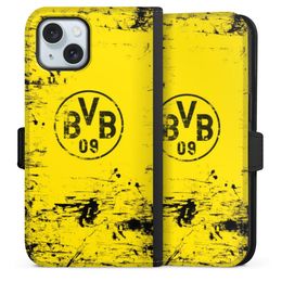 DeinDesign iPhone 15 Handy Klapph&uuml;lle Handyh&uuml;lle aus Kunst Leder schwarz Flip Case Bvb Official Licensed Product Borussia Dortmund Sideflip mit Lasche
