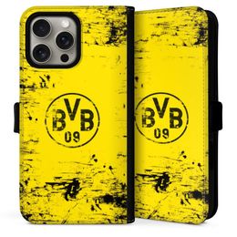 DeinDesign iPhone 16 Pro Handy Klapph&uuml;lle Handyh&uuml;lle aus Kunst Leder schwarz Flip Case Bvb Official Licensed Product Borussia Dortmund Sideflip mit Lasche