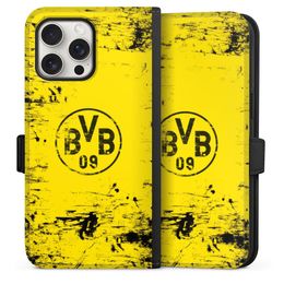 DeinDesign iPhone 15 Pro Max Handy Klapph&uuml;lle Handyh&uuml;lle aus Kunst Leder schwarz Flip Case Bvb Official Licensed Product Borussia Dortmund Sideflip mit Lasche