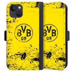 DeinDesign iPhone 13 Handy Klapph&uuml;lle Handyh&uuml;lle aus Kunst Leder schwarz Flip Case Bvb Official Licensed Product Borussia Dortmund Sideflip mit Lasche