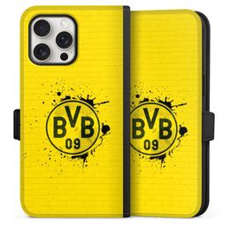 DeinDesign iPhone 15 Pro Max Handy Klapph&uuml;lle Handyh&uuml;lle aus Kunst Leder schwarz Flip Case Official Licensed Product Bvb Borussia Dortmund Sideflip mit Lasche