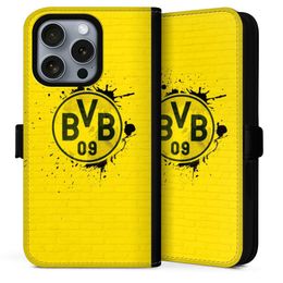 DeinDesign iPhone 16 Pro Max Handy Klapph&uuml;lle Handyh&uuml;lle aus Kunst Leder schwarz Flip Case Official Licensed Product Bvb Borussia Dortmund Sideflip mit Lasche