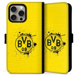 DeinDesign iPhone 16 Pro Handy Klapph&uuml;lle Handyh&uuml;lle aus Kunst Leder schwarz Flip Case Official Licensed Product Bvb Borussia Dortmund Sideflip mit Lasche