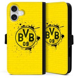 DeinDesign iPhone 16 Plus Handy Klapph&uuml;lle Handyh&uuml;lle aus Kunst Leder schwarz Flip Case Official Licensed Product Bvb Borussia Dortmund Sideflip mit Lasche