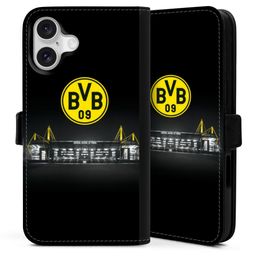 DeinDesign iPhone 16 Plus Handy Klapph&uuml;lle Handyh&uuml;lle aus Kunst Leder schwarz Flip Case Borussia Dortmund Stadium Bvb Sideflip mit Lasche