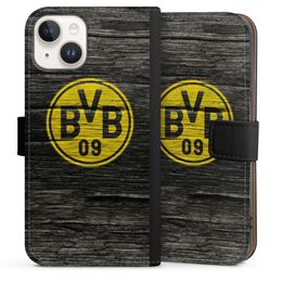DeinDesign iPhone 14 Handy Klapph&uuml;lle Handyh&uuml;lle aus Kunst Leder schwarz Flip Case Wooden Look Bvb Borussia Dortmund Sideflip mit Lasche