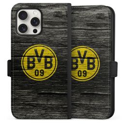 DeinDesign iPhone 15 Pro Max Handy Klapph&uuml;lle Handyh&uuml;lle aus Kunst Leder schwarz Flip Case Wooden Look Bvb Borussia Dortmund Sideflip mit Lasche