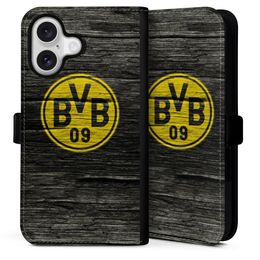 DeinDesign iPhone 16 Handy Klapph&uuml;lle Handyh&uuml;lle aus Kunst Leder schwarz Flip Case Wooden Look Bvb Borussia Dortmund Sideflip mit Lasche