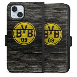DeinDesign iPhone 15 Handy Klapph&uuml;lle Handyh&uuml;lle aus Kunst Leder schwarz Flip Case Wooden Look Bvb Borussia Dortmund Sideflip mit Lasche