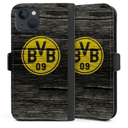 DeinDesign iPhone 13 Handy Klapph&uuml;lle Handyh&uuml;lle aus Kunst Leder schwarz Flip Case Wooden Look Bvb Borussia Dortmund Sideflip mit Lasche