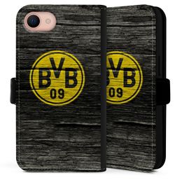 DeinDesign iPhone 16e Handy Klapph&uuml;lle Handyh&uuml;lle aus Kunst Leder schwarz Flip Case Wooden Look Bvb Borussia Dortmund Sideflip mit Lasche
