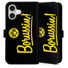 DeinDesign iPhone 16 Handy Klapph&uuml;lle Handyh&uuml;lle aus Kunst Leder schwarz Flip Case Borussia Dortmund Bvb Soccer Sideflip mit Lasche